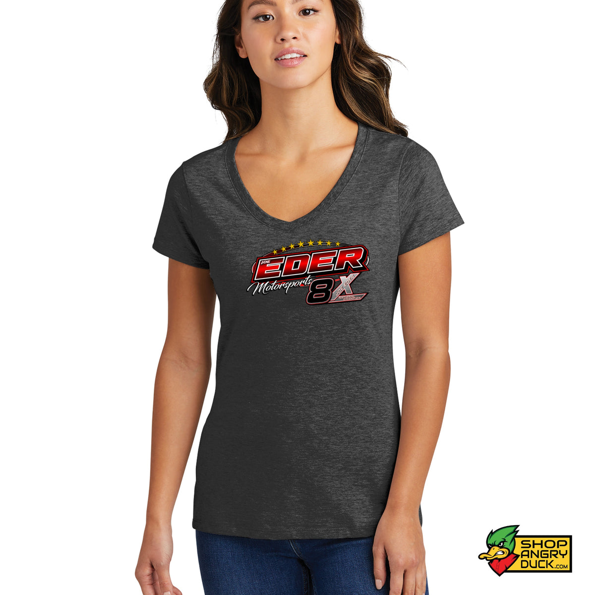 Joe Eder Motorsports Ladies V-Neck T-Shirt – ShopAngryDuck.com