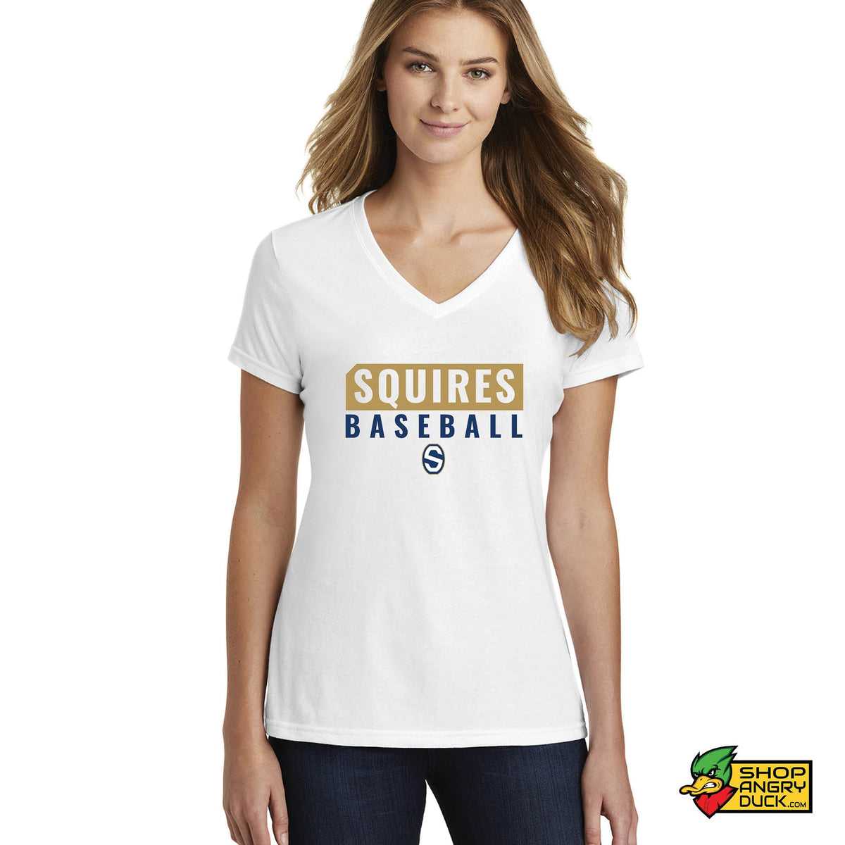 Squires Baseball Block Ladies V-Neck T-Shirt – ShopAngryDuck.com