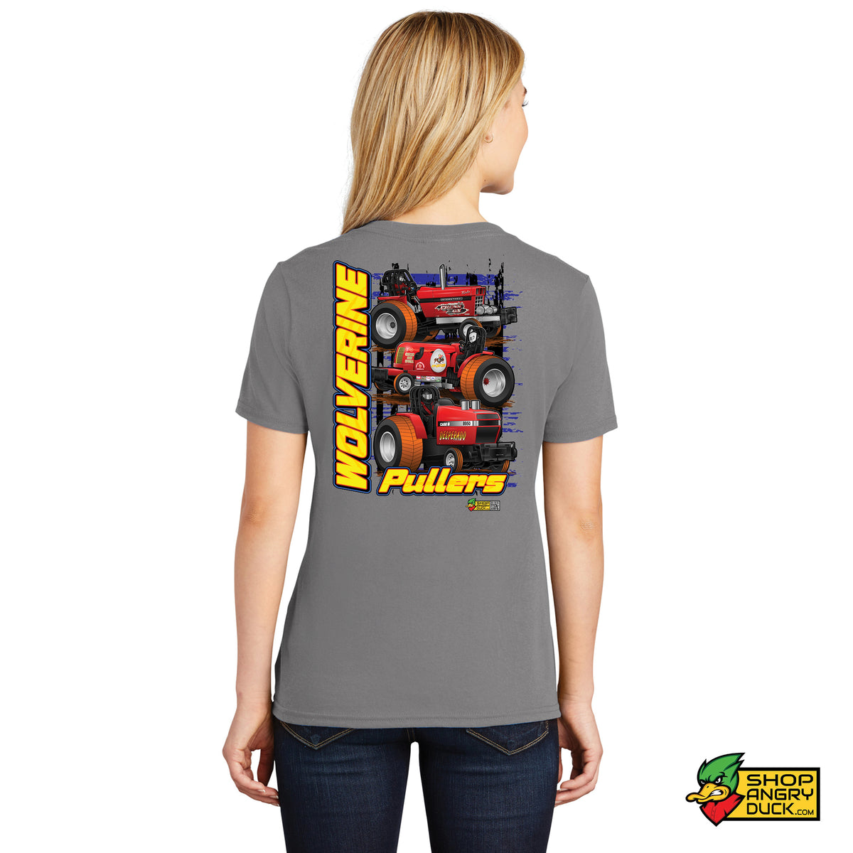 Wolverine Pullers Ladies V-Neck T-Shirt Red Back – ShopAngryDuck.com