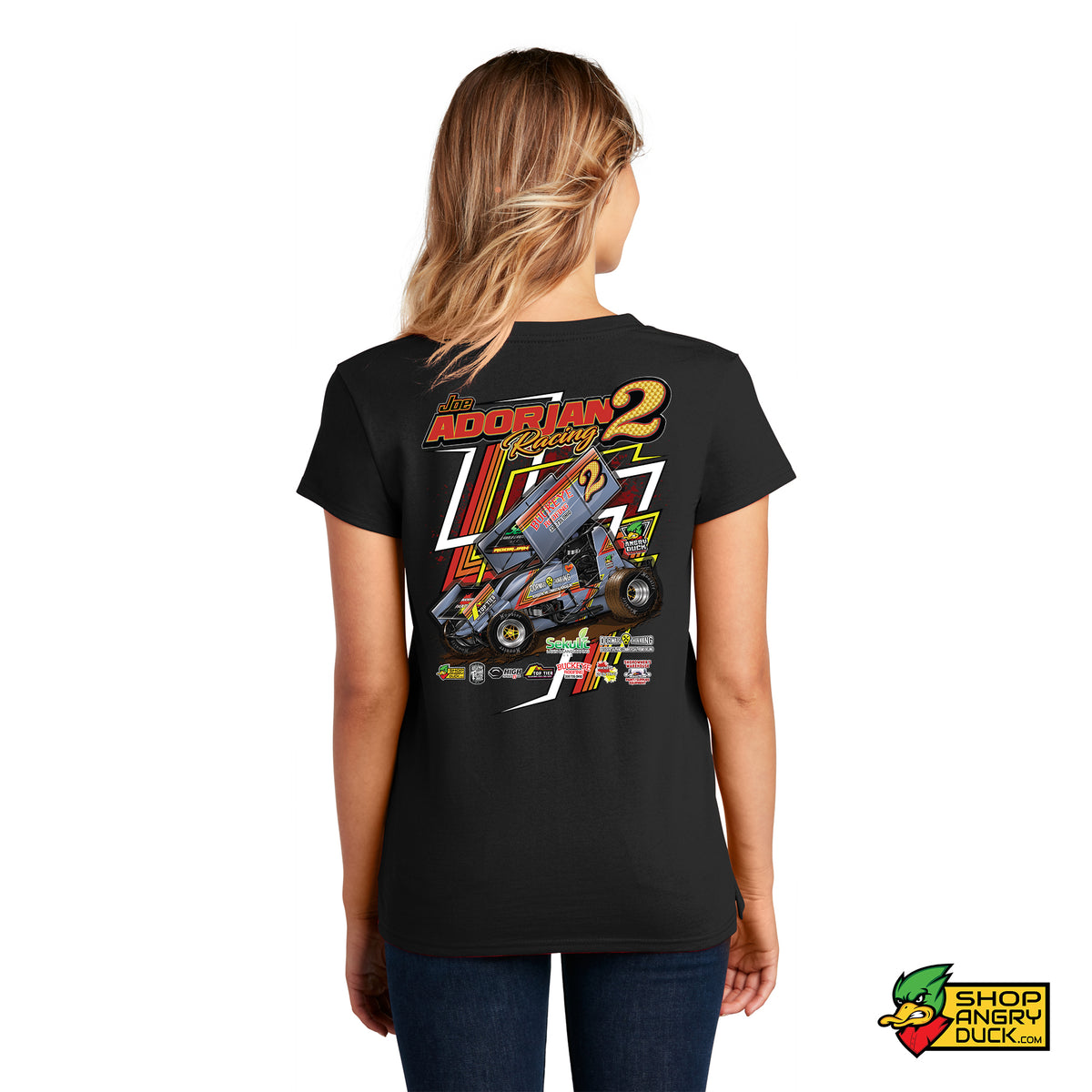 Joe Adorjan Racing Illustrated Ladies V-Neck T-shirt – ShopAngryDuck.com
